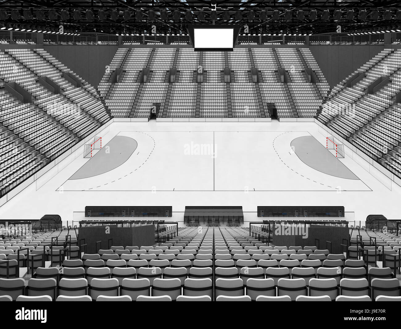 Beautiful sports arena for handball with white seats and VIP boxes ...