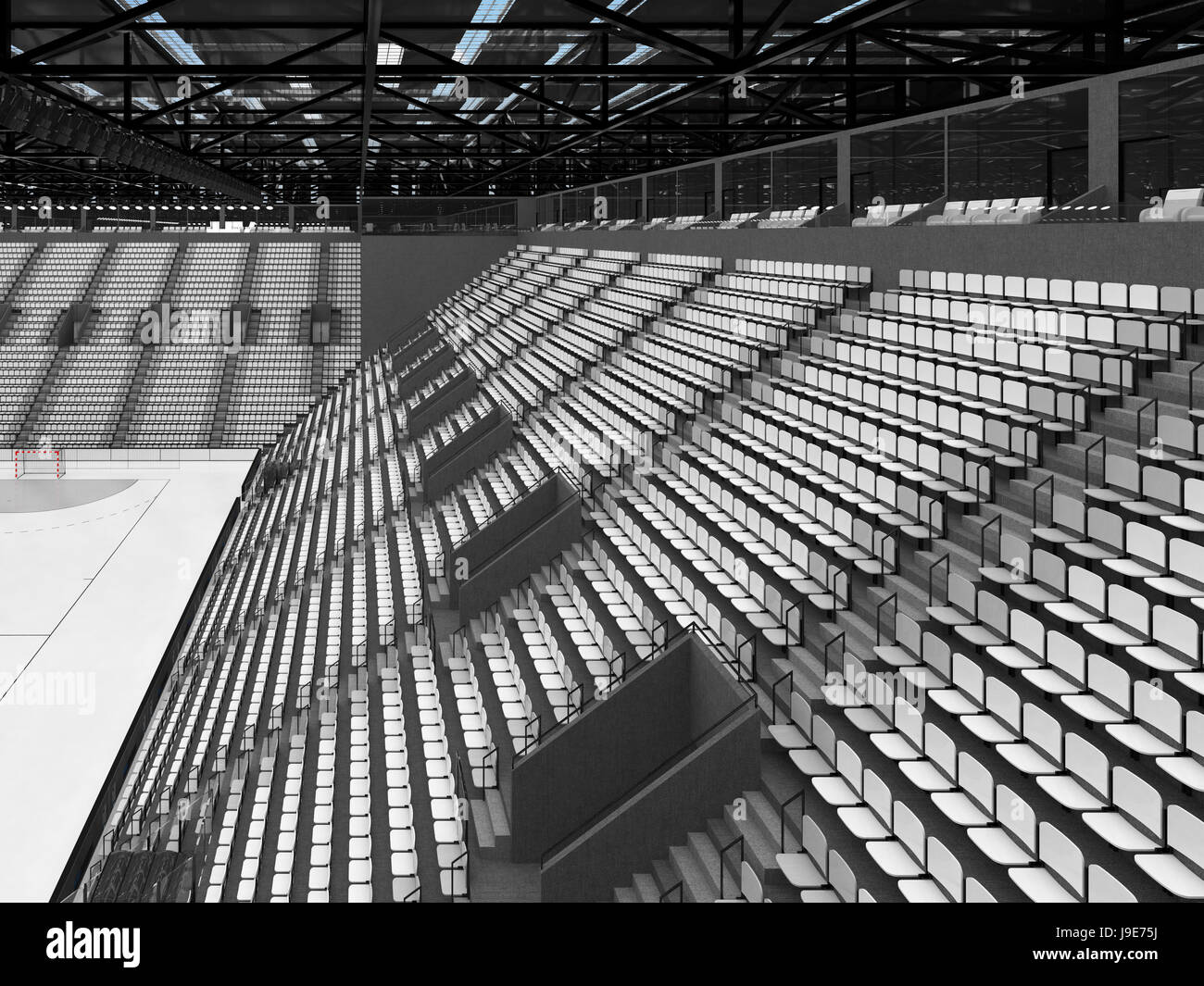 Beautiful sports arena for handball with white seats and VIP boxes ...