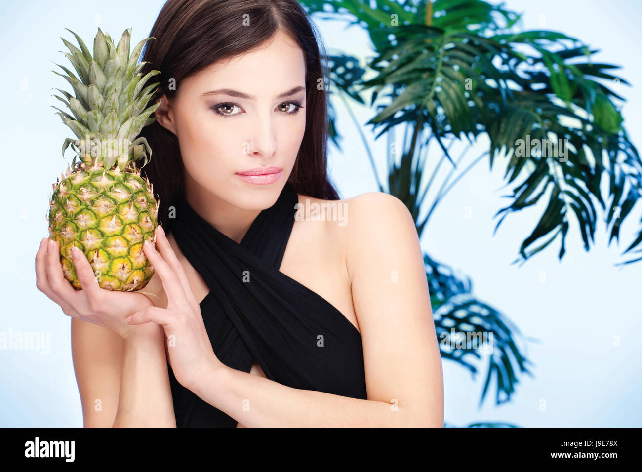 woman, fruit, pineapple, palm, nature, woman, blue, humans, human ...