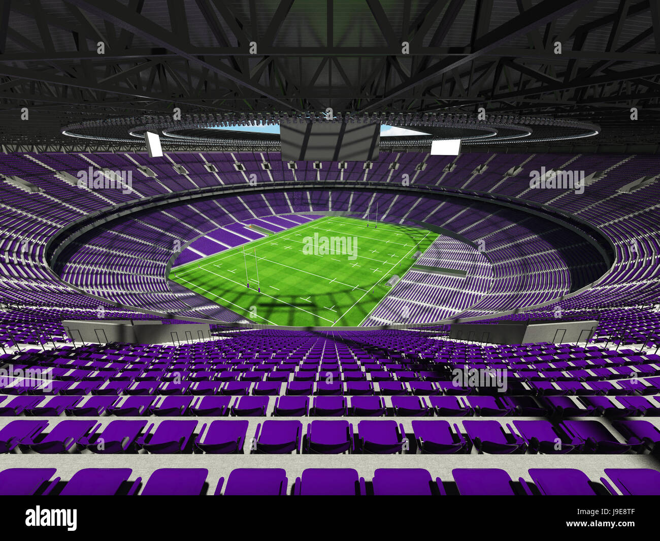 3D render of a round rugby stadium with purple seats and VIP boxes for ...