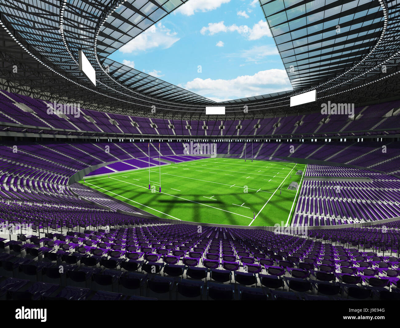 3D render of a round rugby stadium with purple seats and VIP boxes for ...