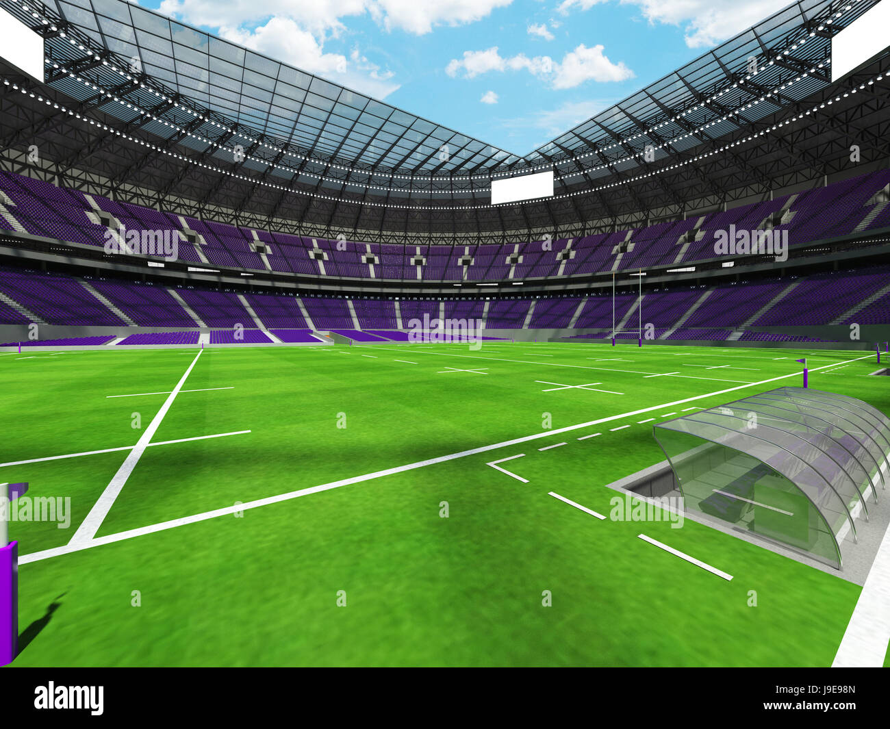 3D render of a round rugby stadium with purple seats and VIP boxes for ...