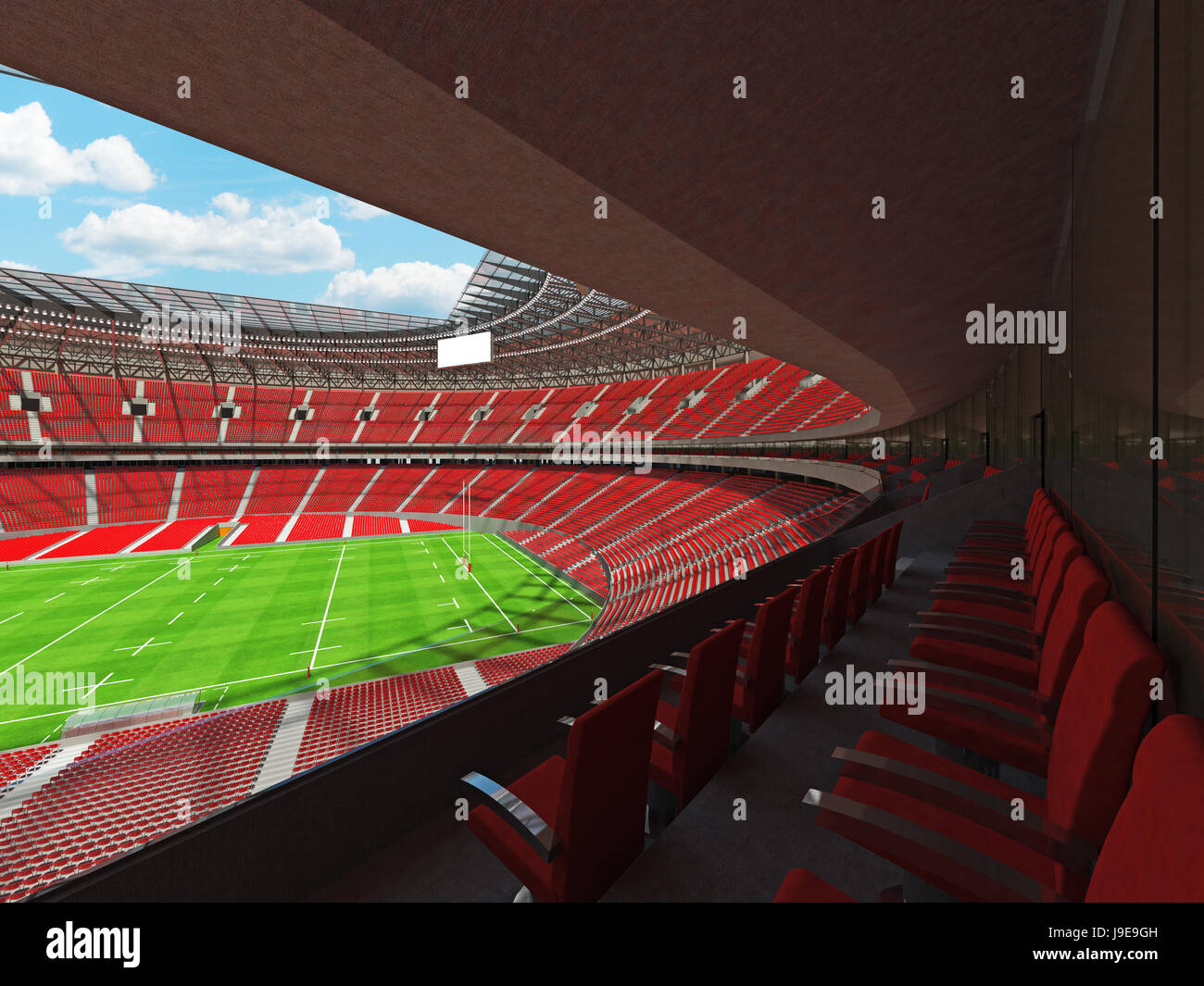 3D render of a round rugby stadium with red seats and VIP boxes for ...