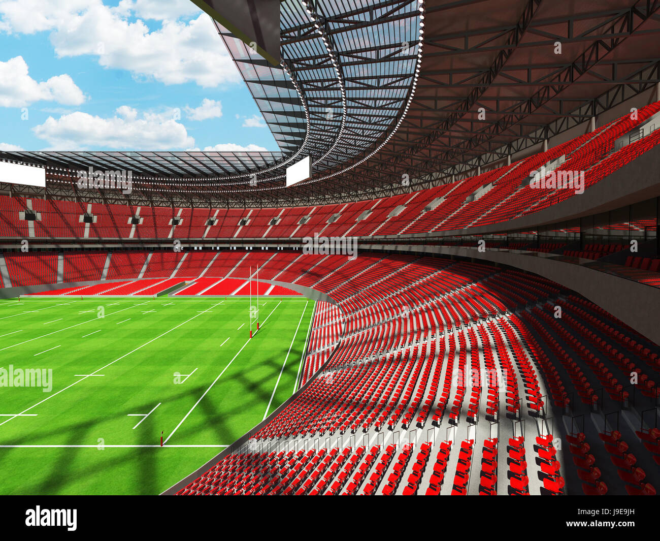3D render of a round rugby stadium with red seats and VIP boxes for ...