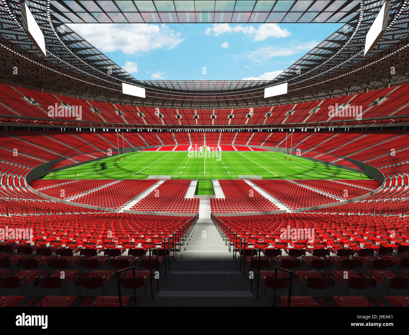 3D render of a round rugby stadium with red seats and VIP boxes for ...