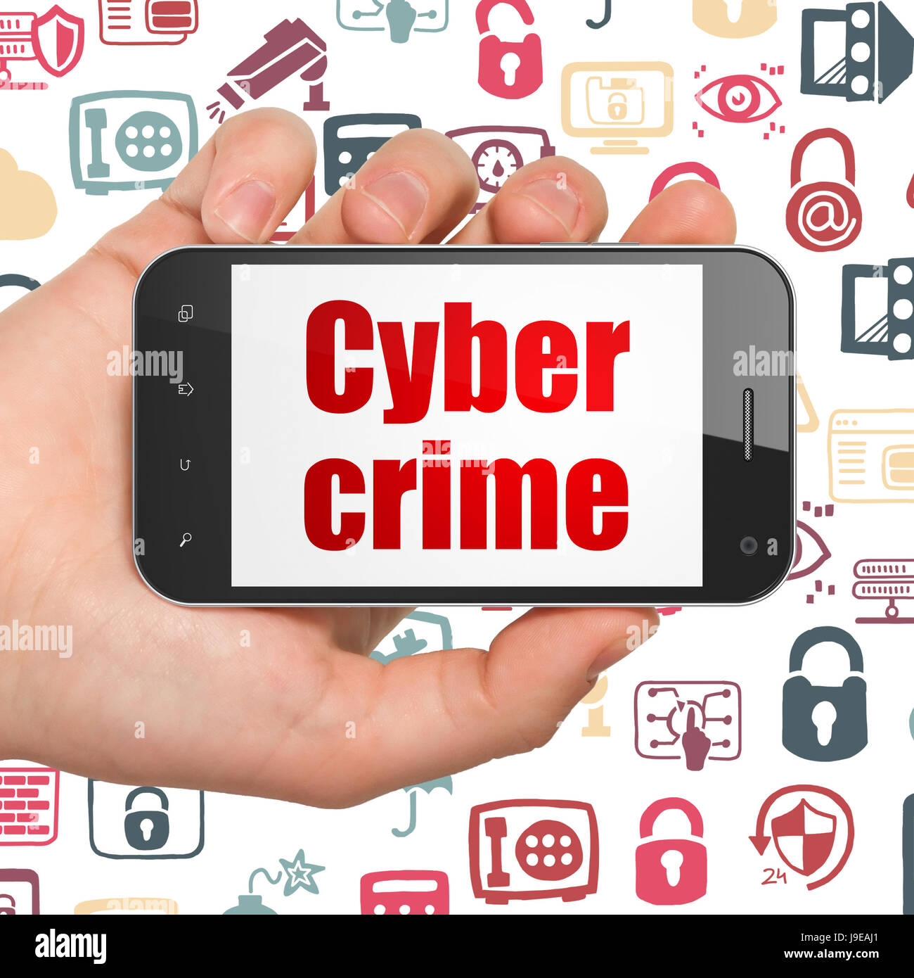 Safety concept: Hand Holding Smartphone with Cyber Crime on display ...