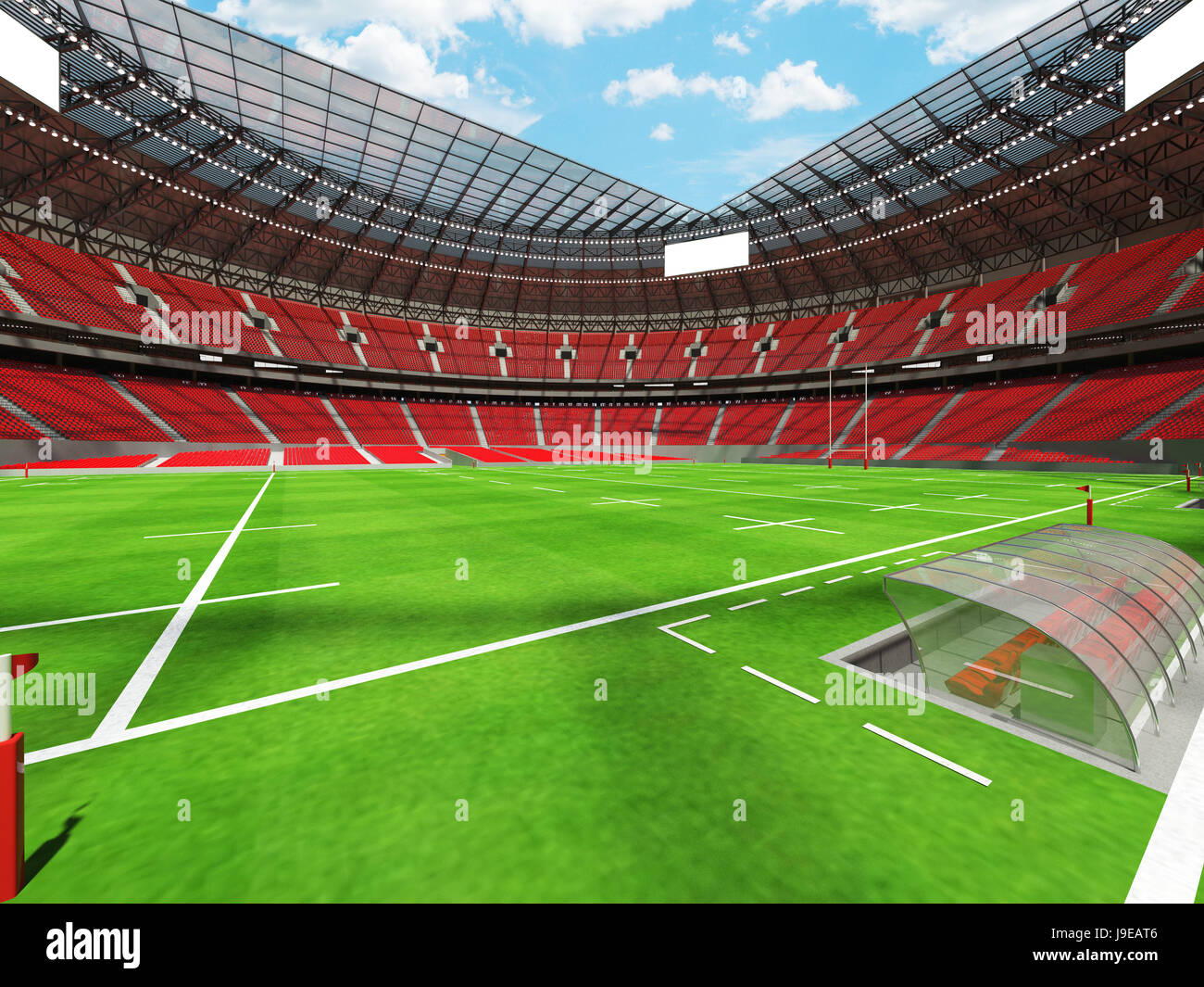 3D render of a round rugby stadium with red seats and VIP boxes for ...