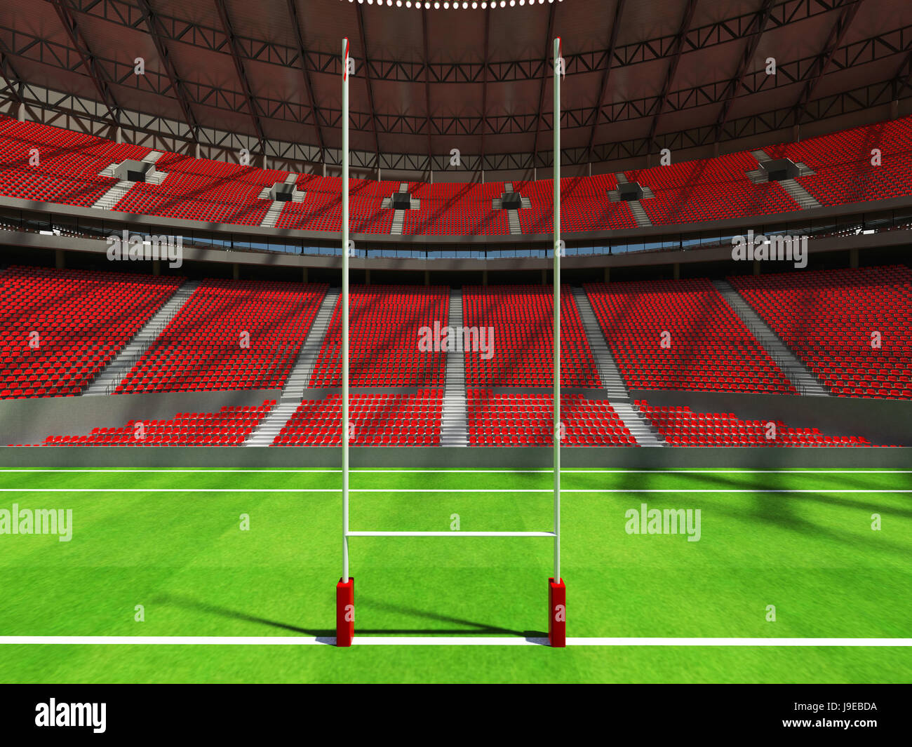 3D render of a round rugby stadium with red seats and VIP boxes for ...