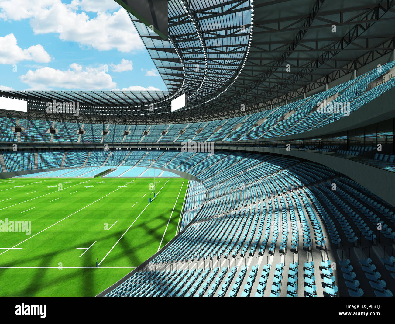 3D render of a round rugby stadium with sky blue seats and VIP boxes ...