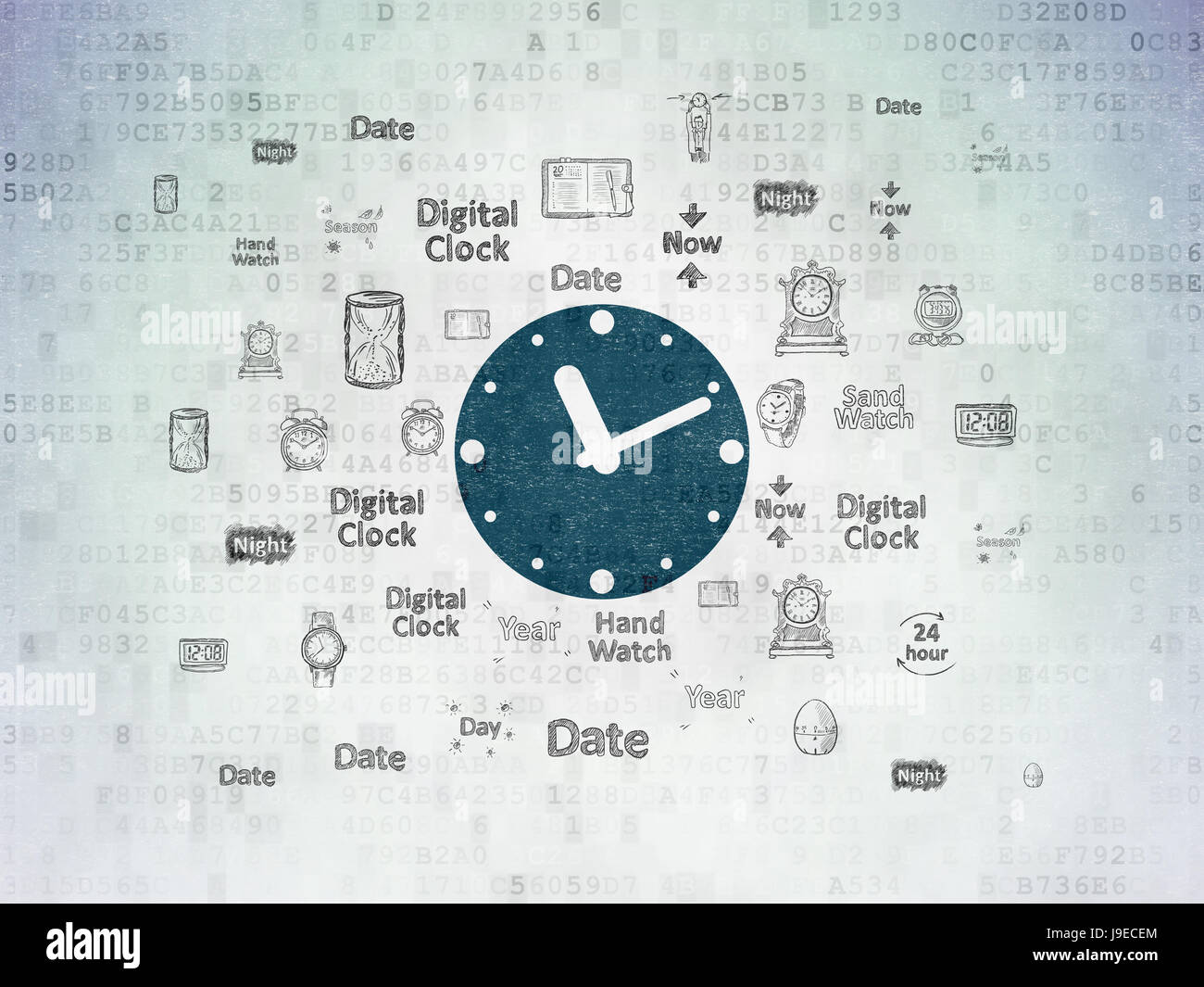 Timeline concept: Clock on Digital Data Paper background Stock Photo ...