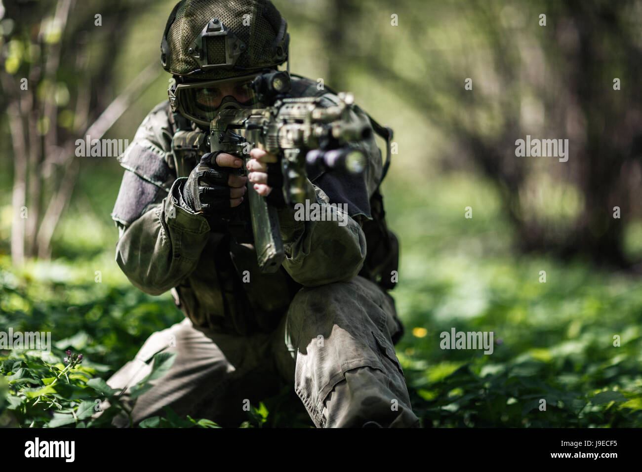 Soldier aiming in woods during day Stock Photo - Alamy