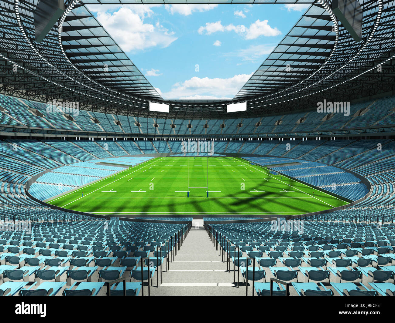 3D render of a round rugby stadium with sky blue seats and VIP boxes ...