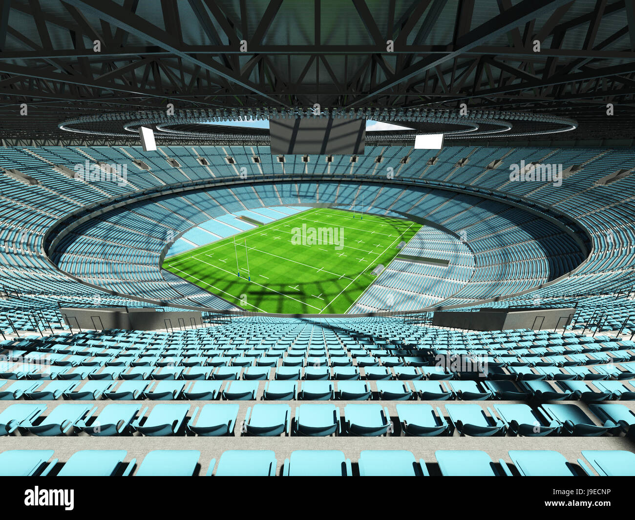 3D render of a round rugby stadium with sky blue seats and VIP boxes ...
