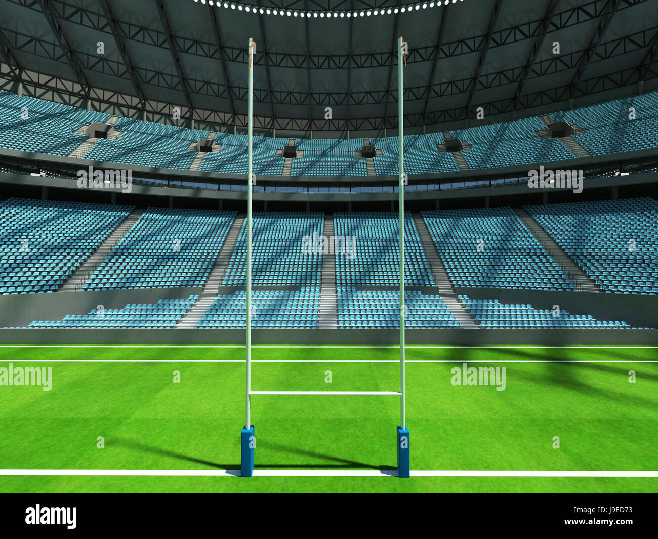 3D render of a round rugby stadium with sky blue seats and VIP boxes ...