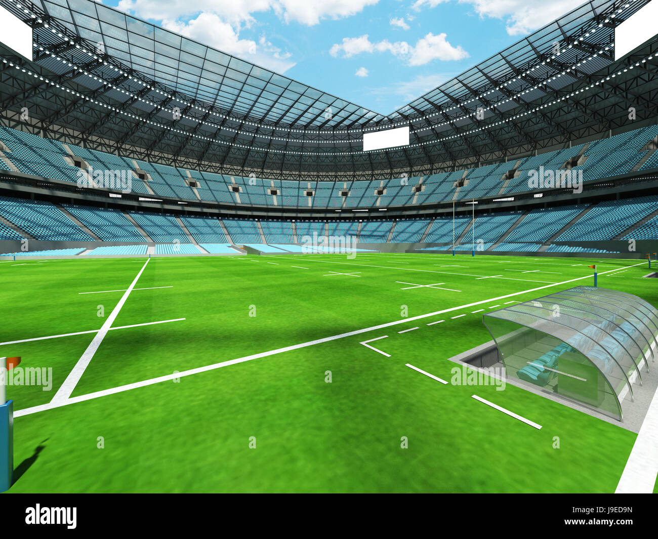 3D render of a round rugby stadium with sky blue seats and VIP boxes ...