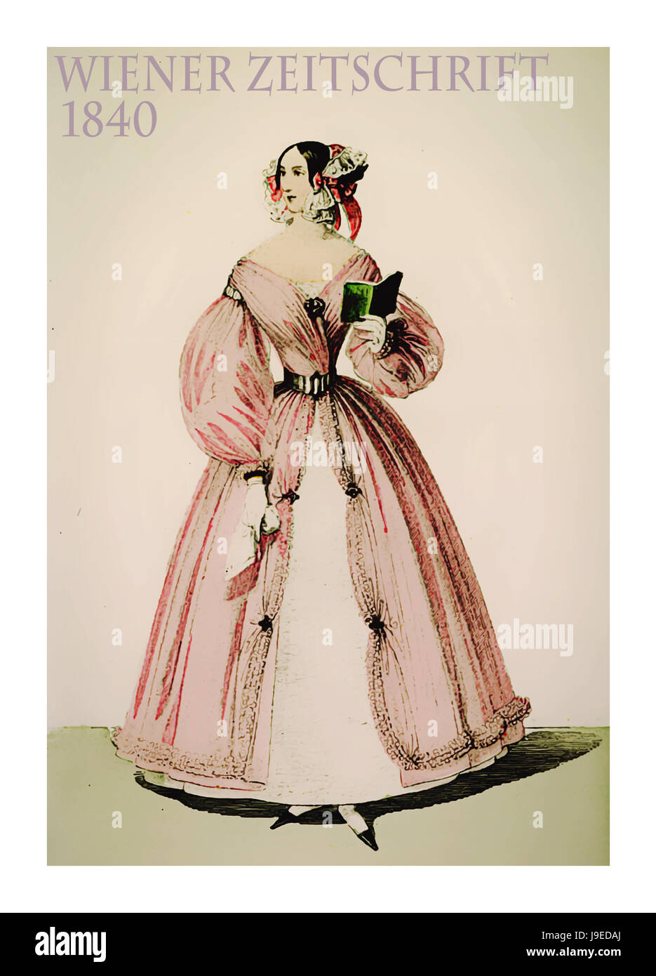 Vienna 1840 fashion, young lady fancy dressed in pink with hairdo,laces ...
