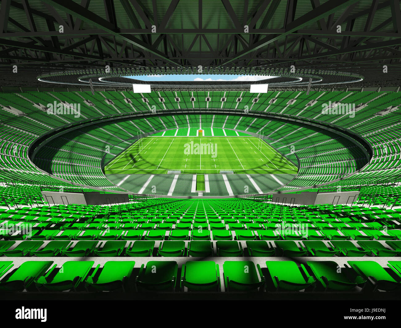3D render of a round rugby stadium with green seats and VIP boxes for ...