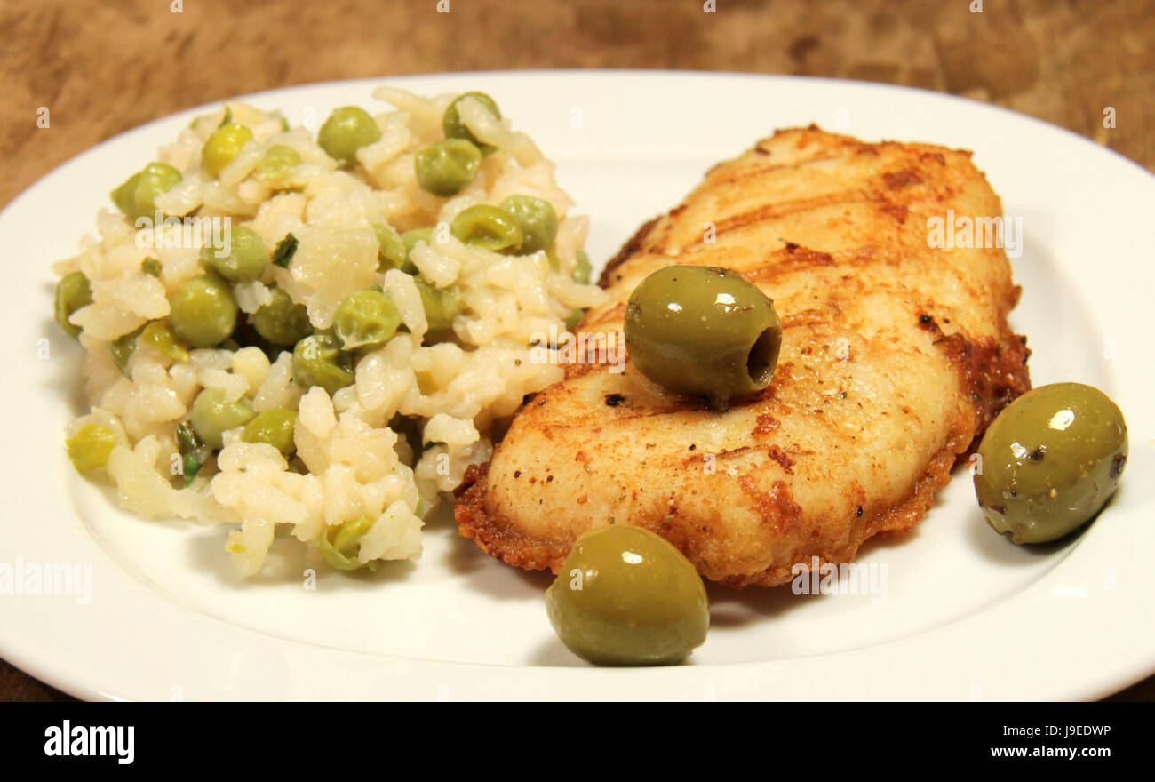 food, dish, meal, peas, parmesan, hake, rice, vegetable, food, dish ...