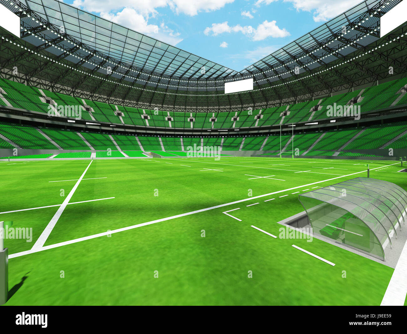 3D render of a round rugby stadium with green seats and VIP boxes for ...