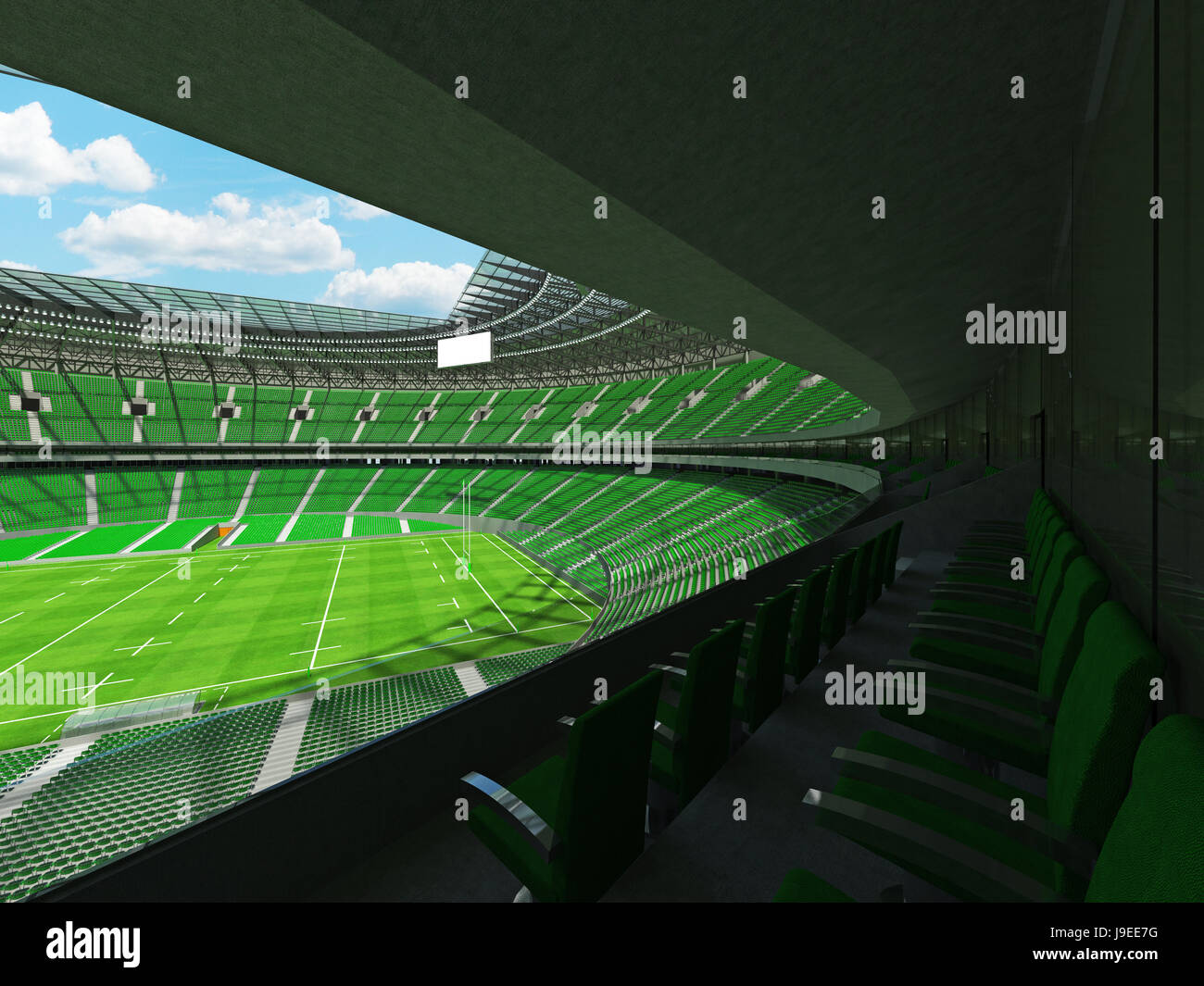 3D render of a round rugby stadium with green seats and VIP boxes for ...