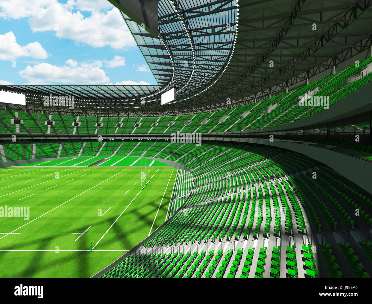 3D render of a round rugby stadium with green seats and VIP boxes for ...