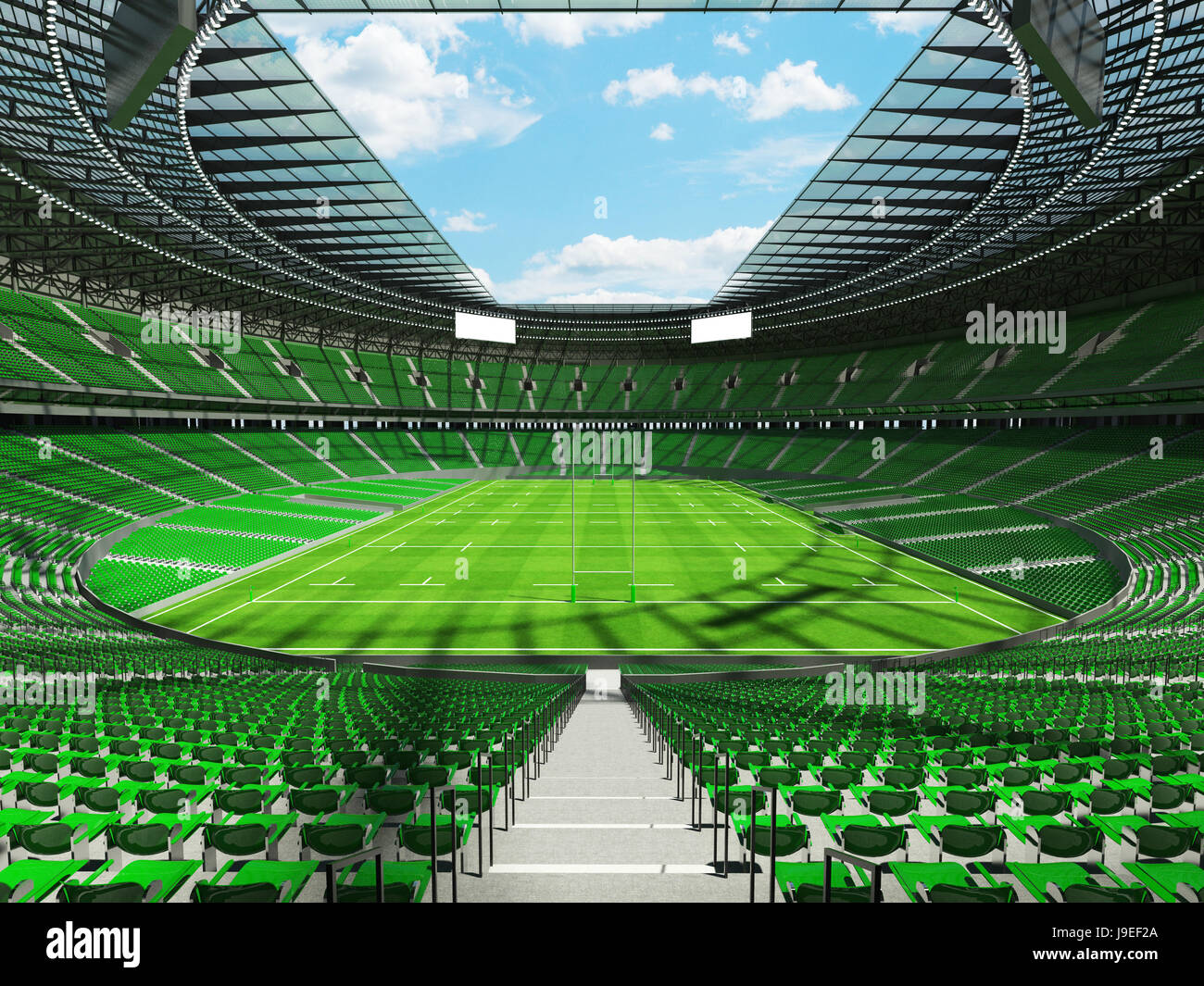 3D render of a round rugby stadium with green seats and VIP boxes for ...