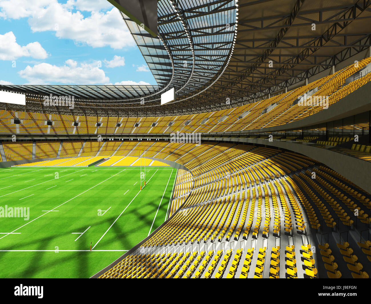 3D render of a round rugby stadium with yellow seats and VIP boxes for ...