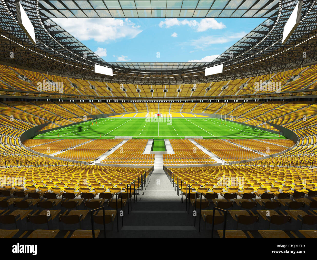 3D render of a round rugby stadium with yellow seats and VIP boxes for ...