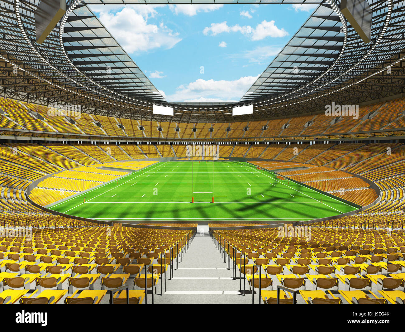 3D render of a round rugby stadium with yellow seats and VIP boxes for ...