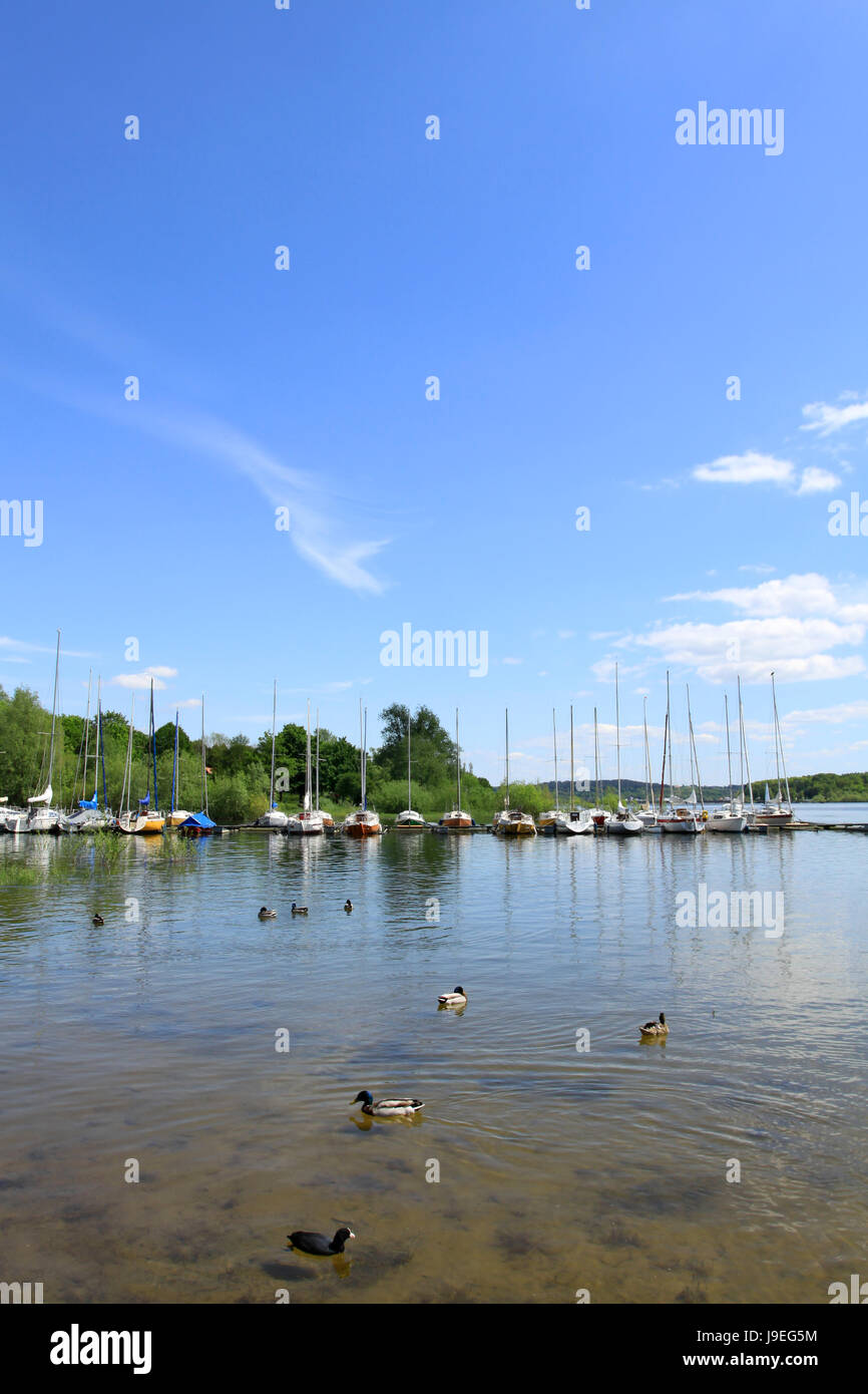 spring, artificial lake, May, sailing boat, sailboat, dam, blue, house ...