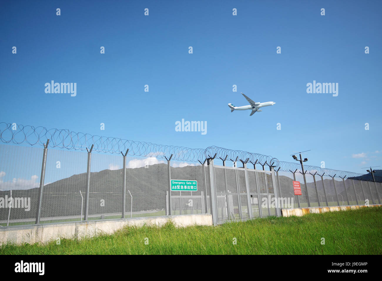 green, metal, fence, fence in, fencing, airport, firmament, sky ...