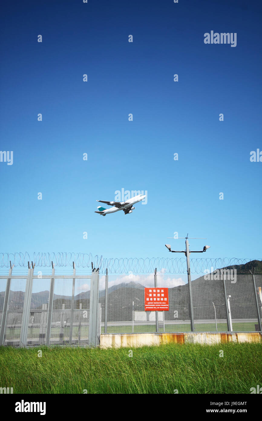 green, metal, fence, fence in, fencing, airport, firmament, sky ...