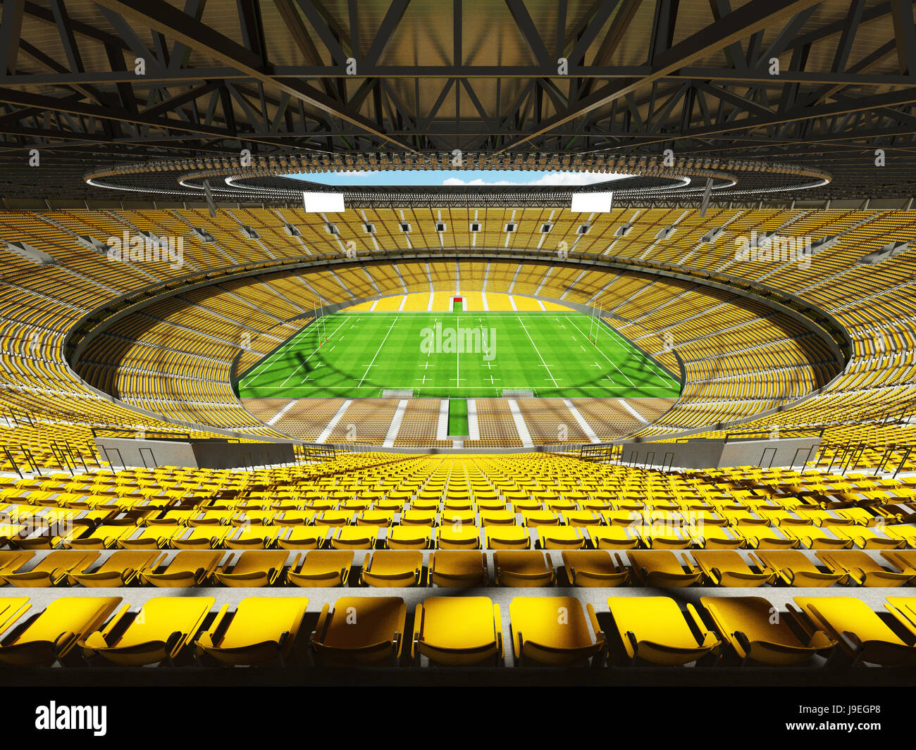 3D render of a round rugby stadium with yellow seats and VIP boxes for ...