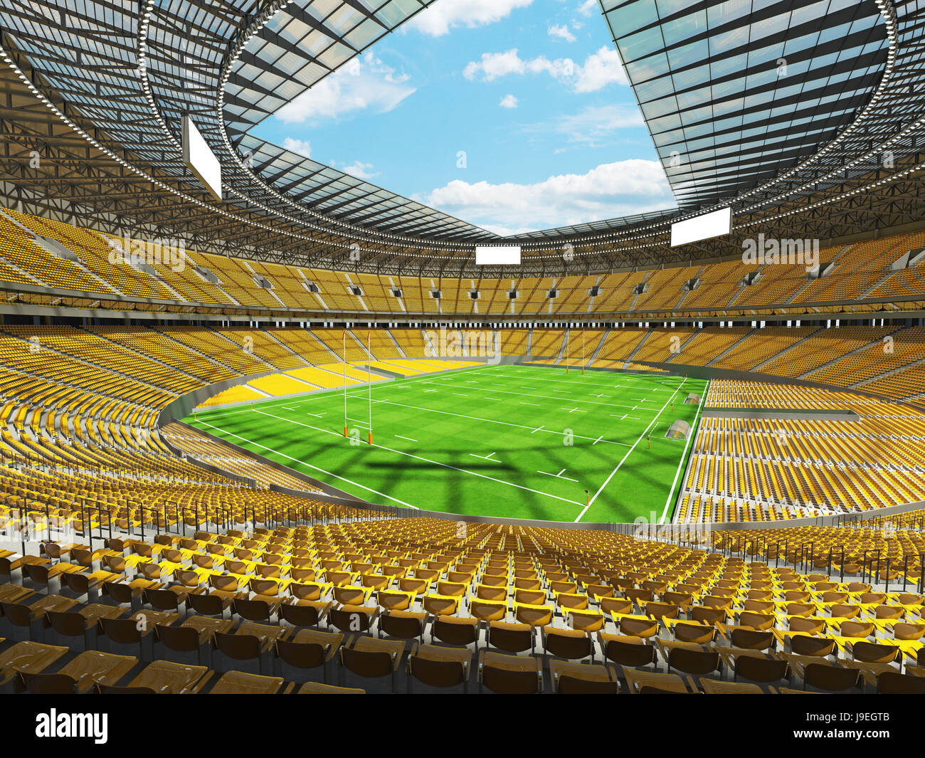 3D render of a round rugby stadium with yellow seats and VIP boxes for ...