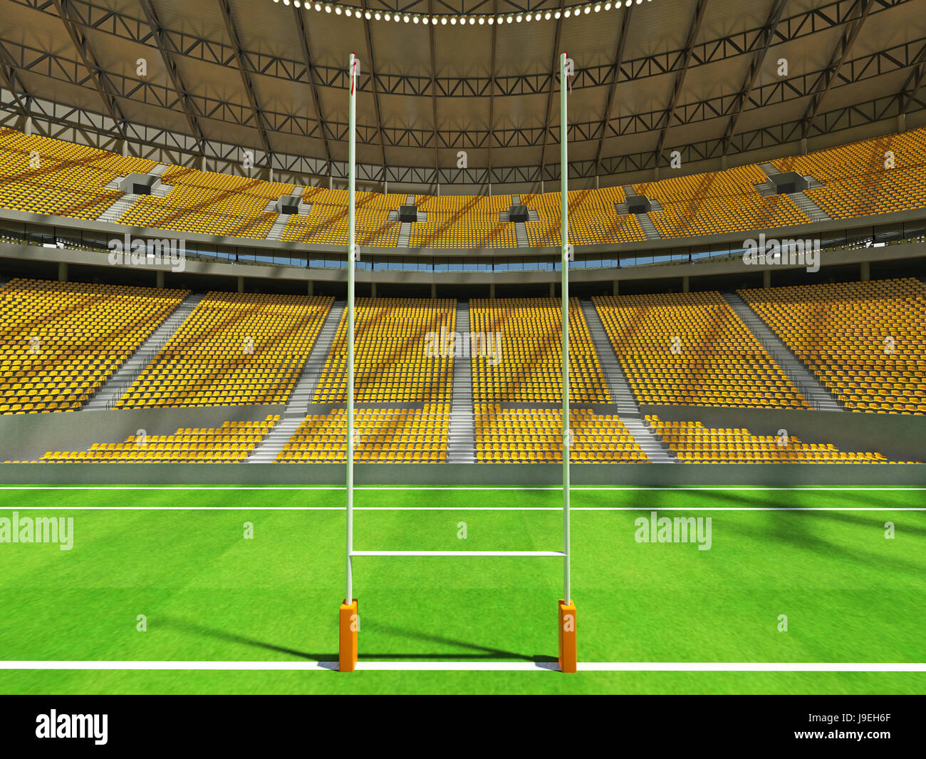 3D render of a round rugby stadium with yellow seats and VIP boxes for ...
