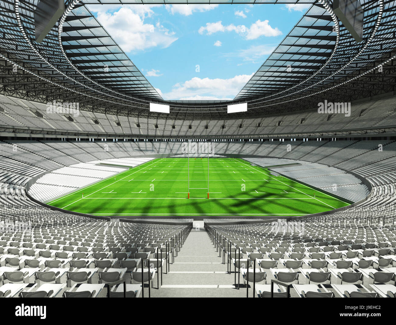 3D render of a round rugby stadium with white seats and VIP boxes for ...