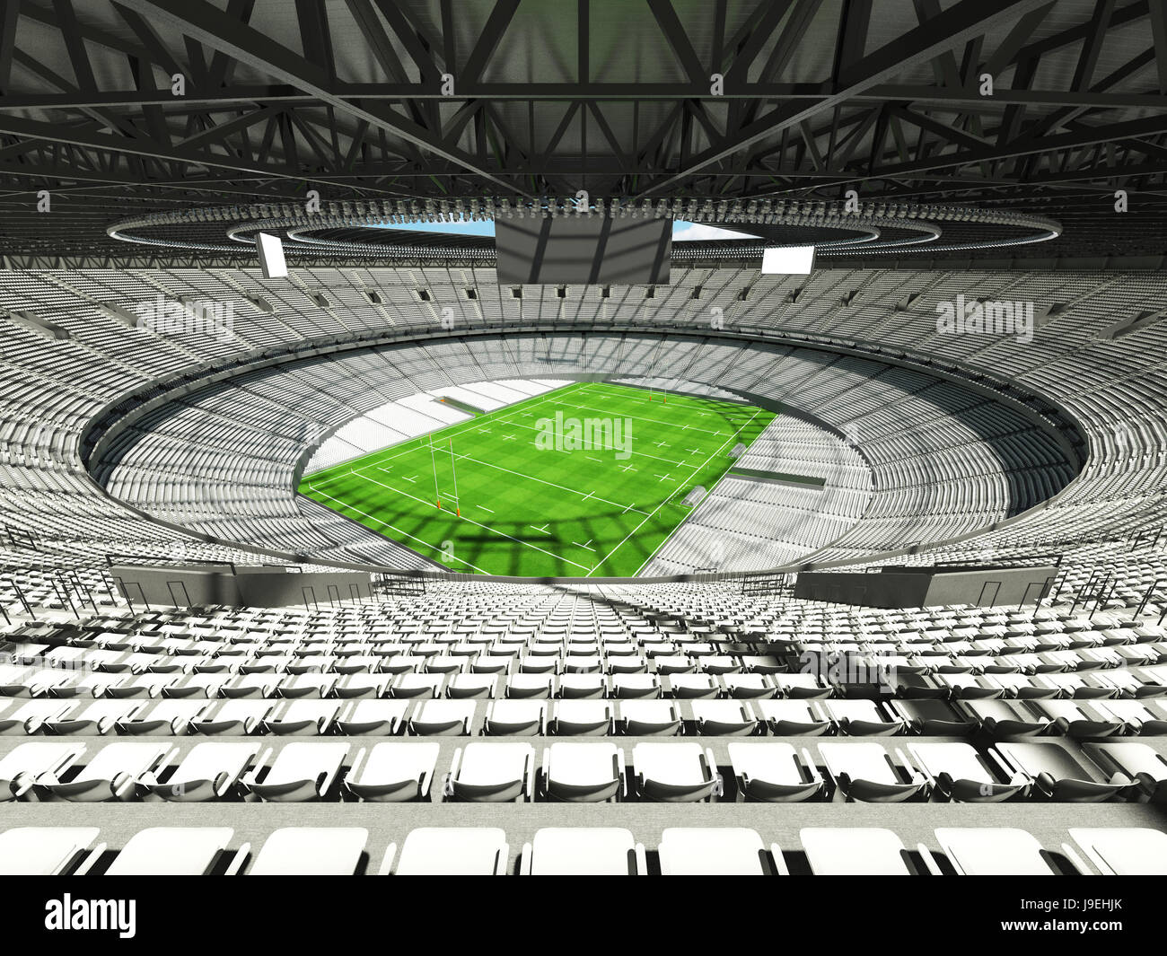 3D render of a round rugby stadium with white seats and VIP boxes for ...