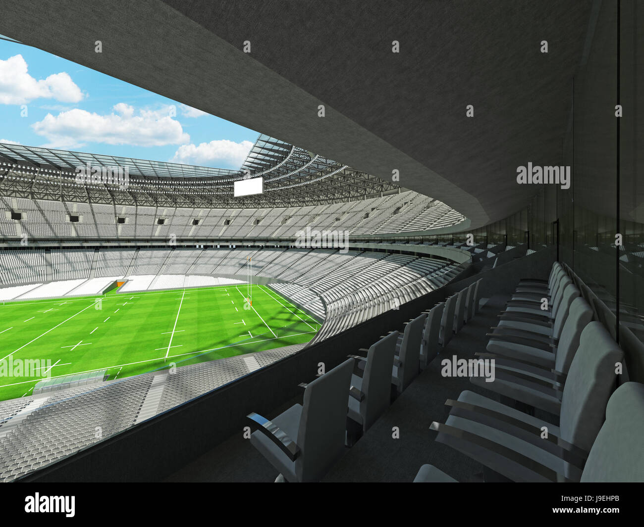 3D render of a round rugby stadium with white seats and VIP boxes for ...