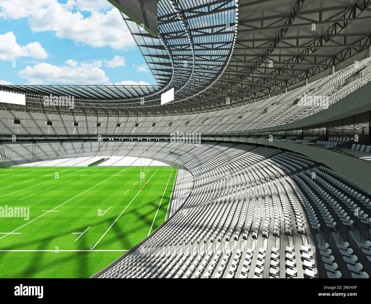 3D render of a round rugby stadium with white seats and VIP boxes for ...
