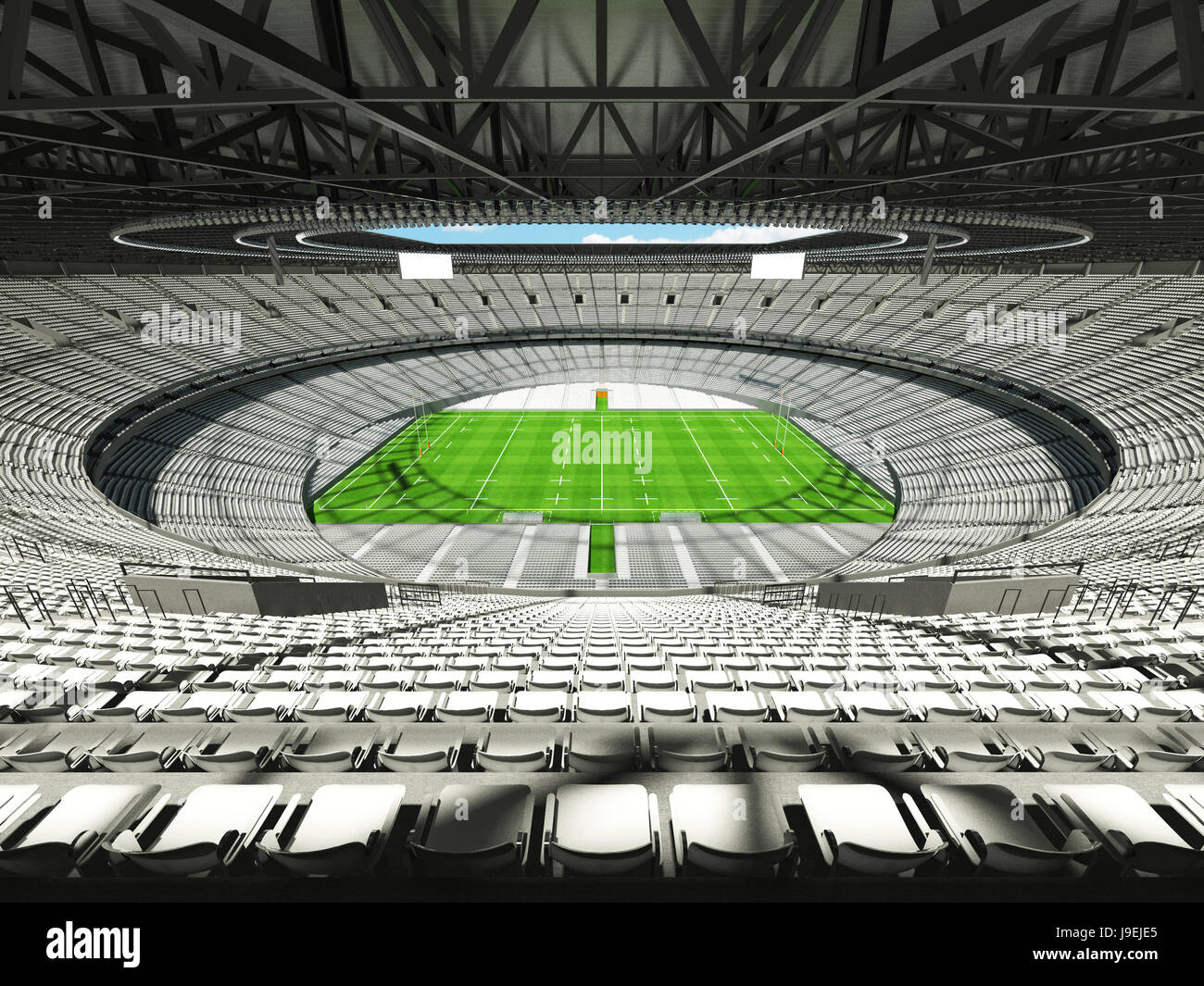 3D render of a round rugby stadium with white seats and VIP boxes for ...