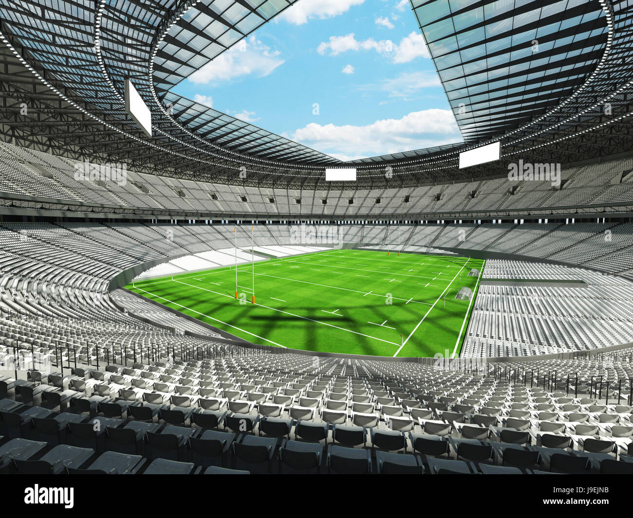3D render of a round rugby stadium with white seats and VIP boxes for ...