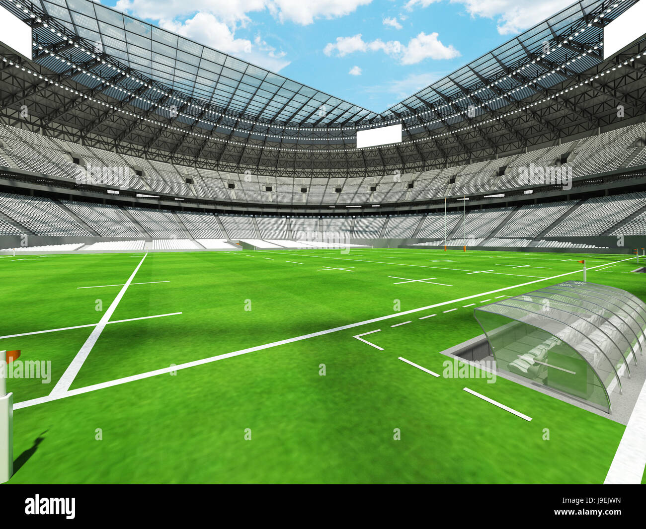 3D render of a round rugby stadium with white seats and VIP boxes for ...