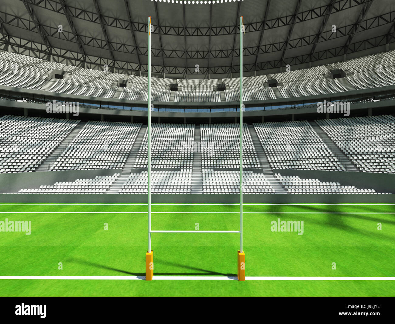 3D render of a round rugby stadium with white seats and VIP boxes for ...