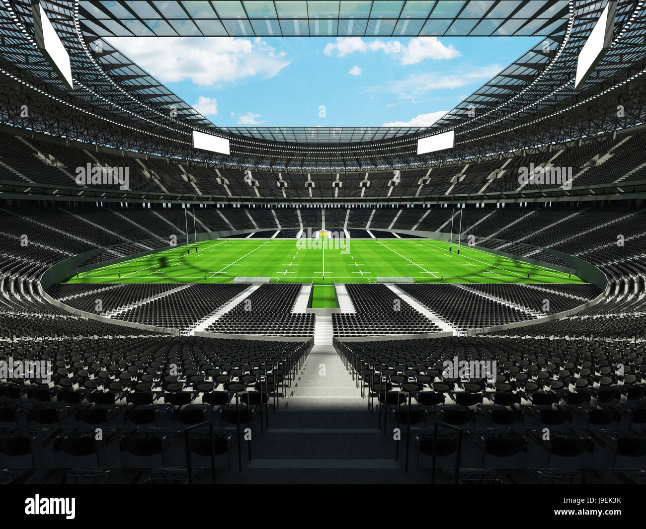 3D render of a round rugby stadium with black seats and VIP boxes for ...