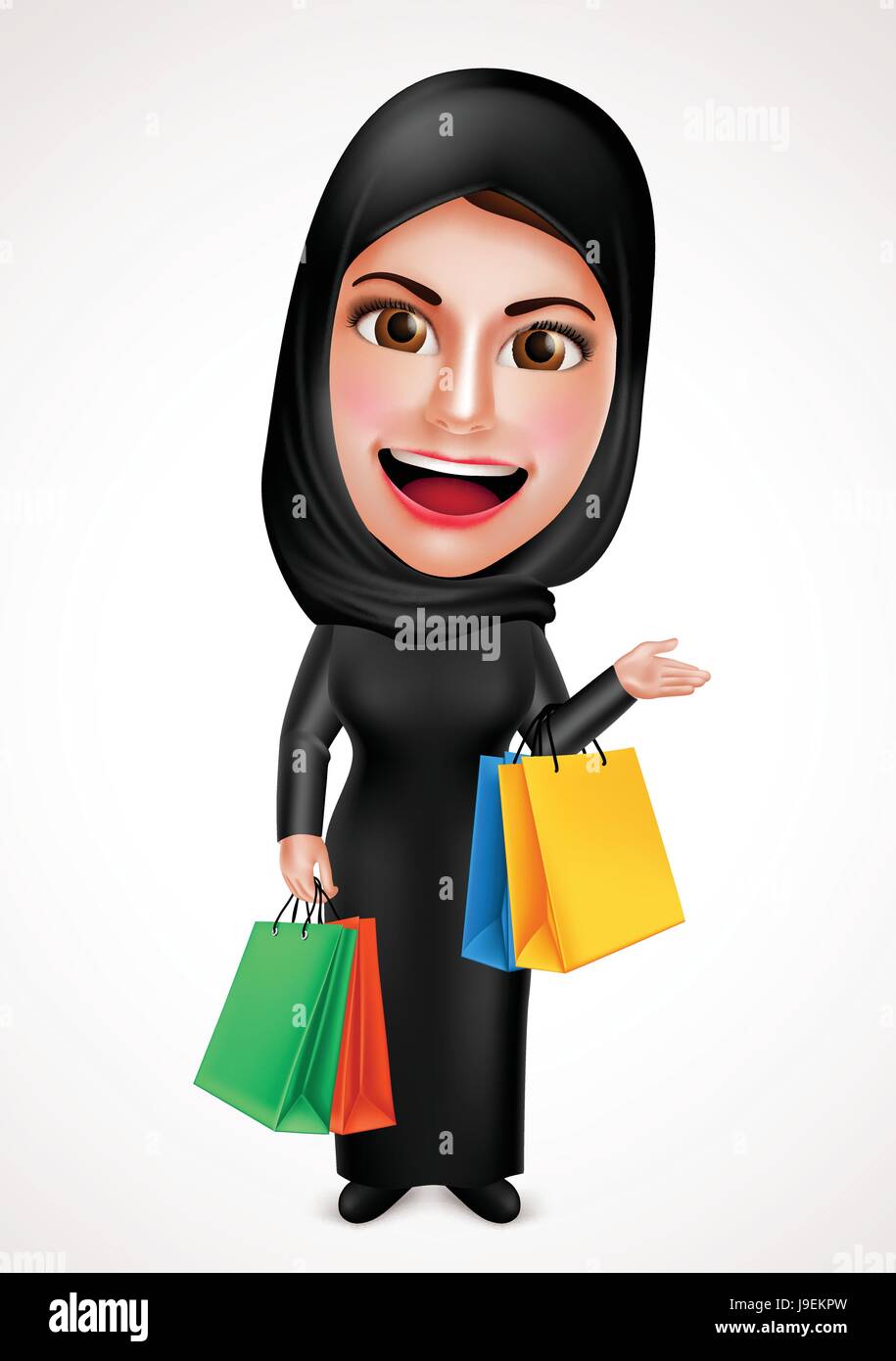 Female Muslim Arab vector character holding shopping bags wearing hijab ...