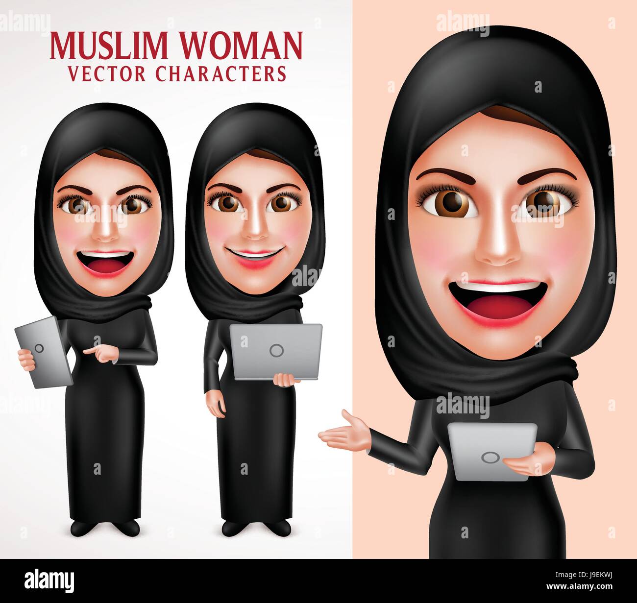 Muslim woman vector character set holding laptop and tablet with ...