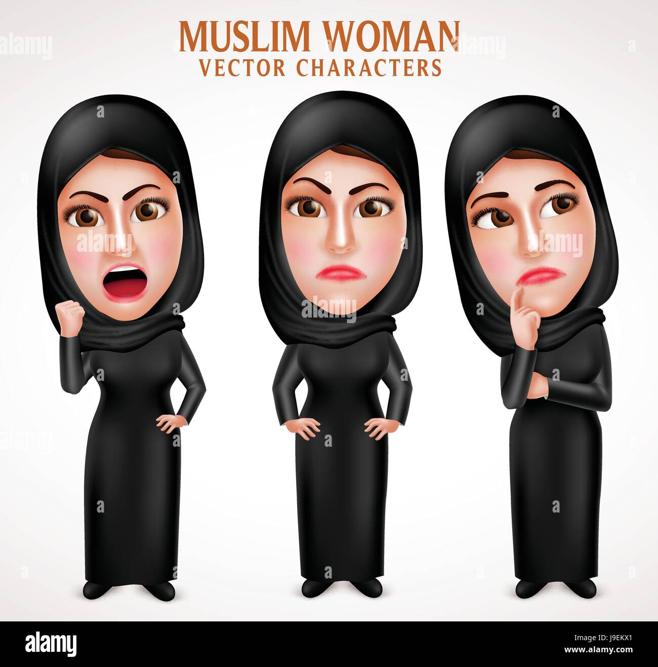 Angry Muslim Arab woman vector characters with facial expressions ...