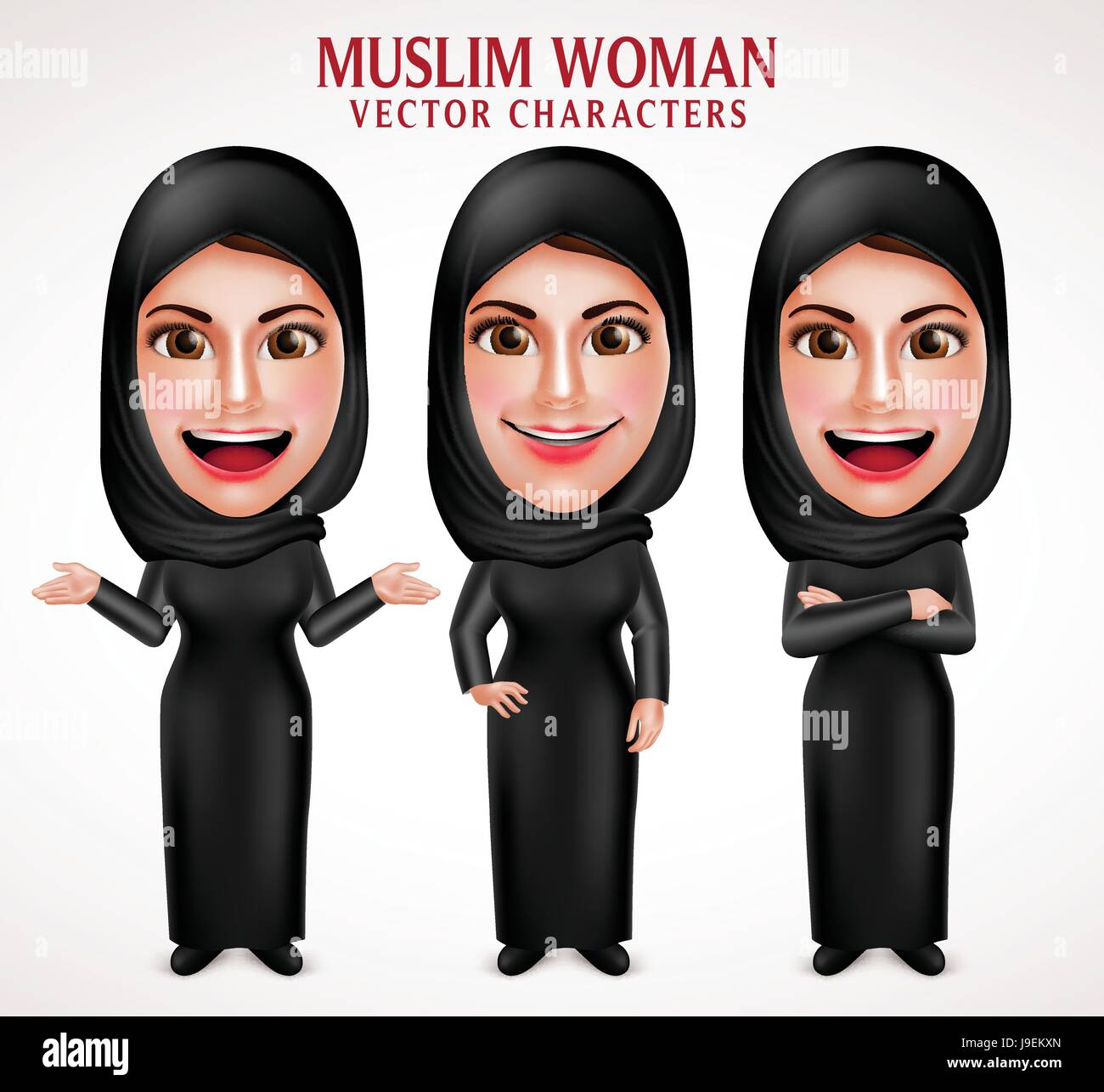 Muslim woman vector characters set wearing hijab black clothes with ...