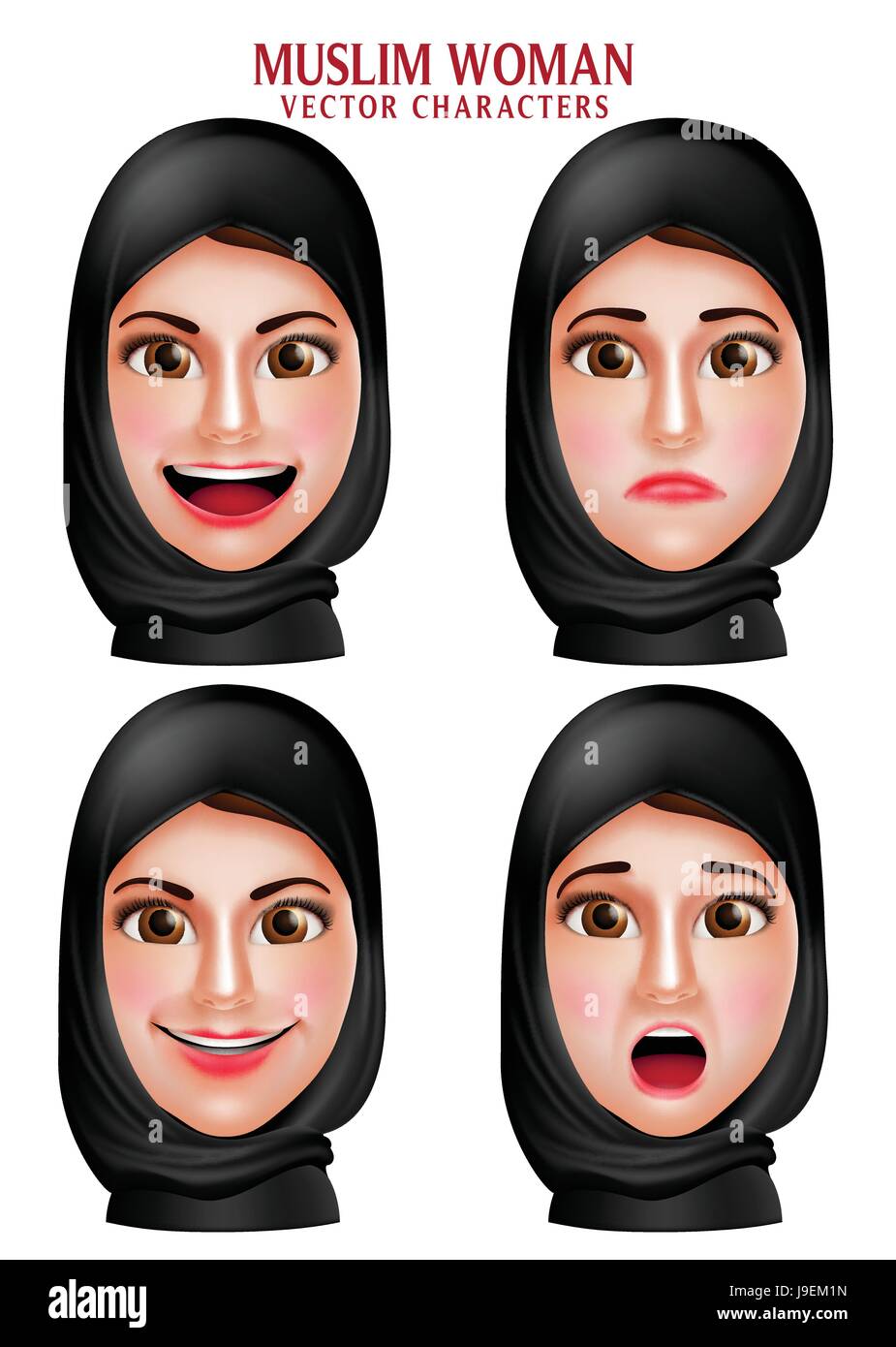 Muslim woman vector characters set of head wearing hijab or head scarf ...