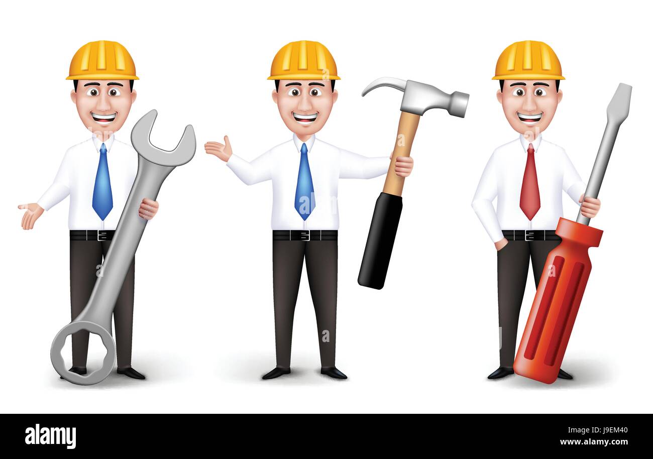 Vector Set of Engineers or Workers Characters With Yellow Safety Helmet ...